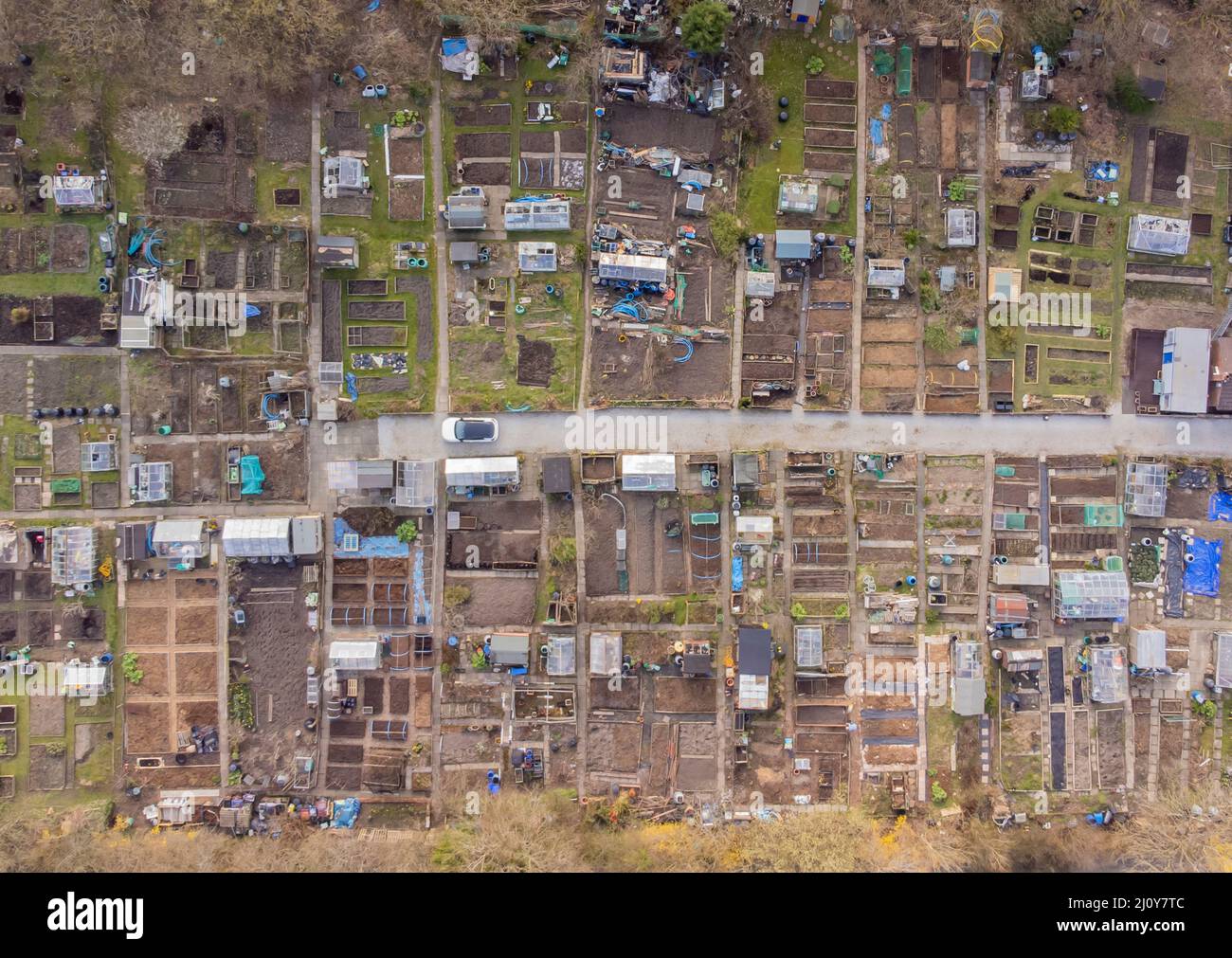 Aerial view of an allotment in Greater Manchester Stock Photo - Alamy