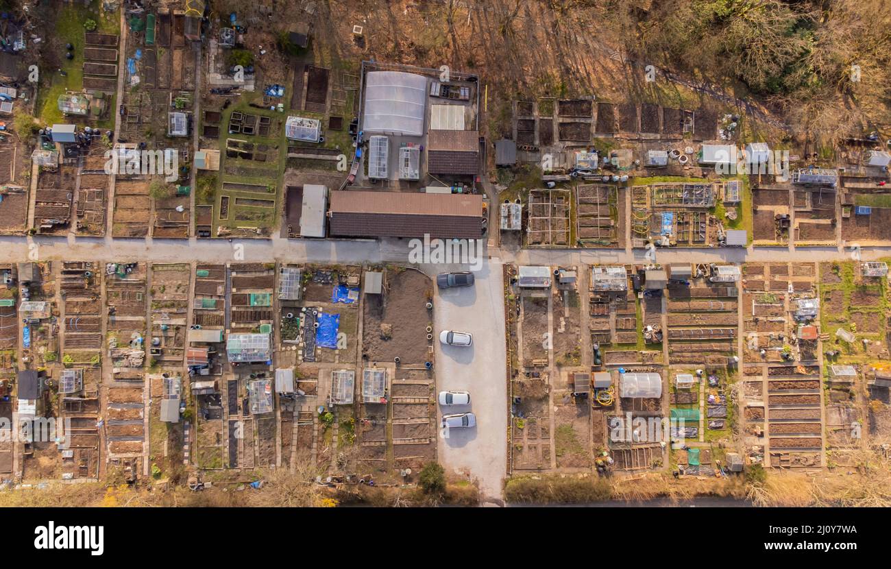 Aerial view of an allotment in Greater Manchester Stock Photo - Alamy