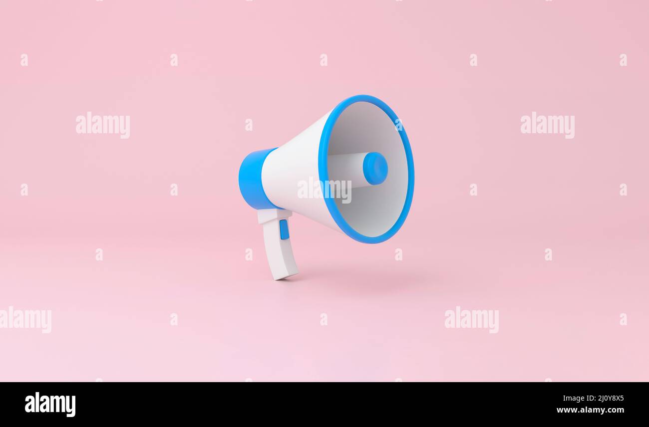 Megaphone in blue and white color on pastel pink background. 3d ...