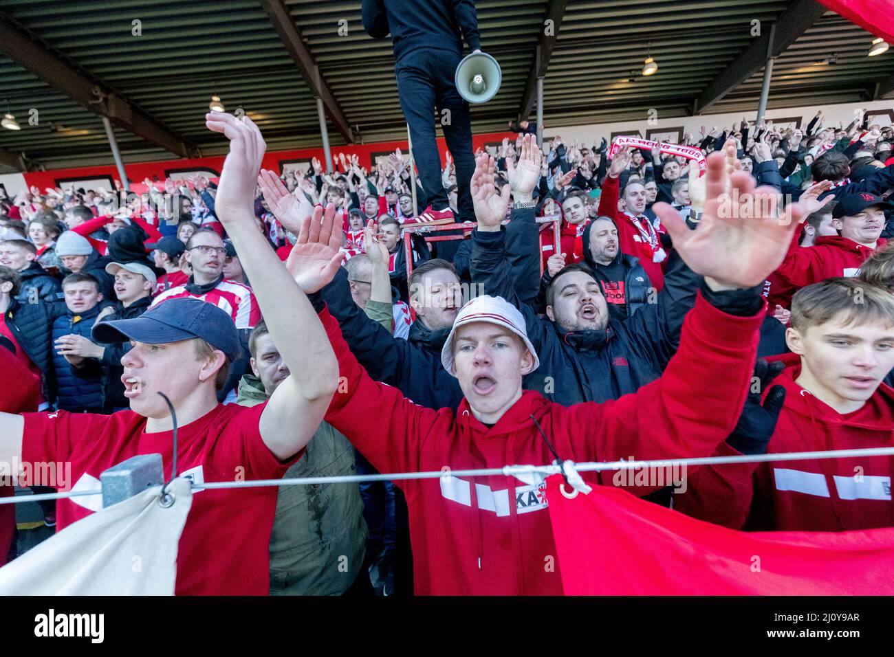 Aalborg, Denmark. 20th Mar, 2022. Football fans of AAB seen on the ...