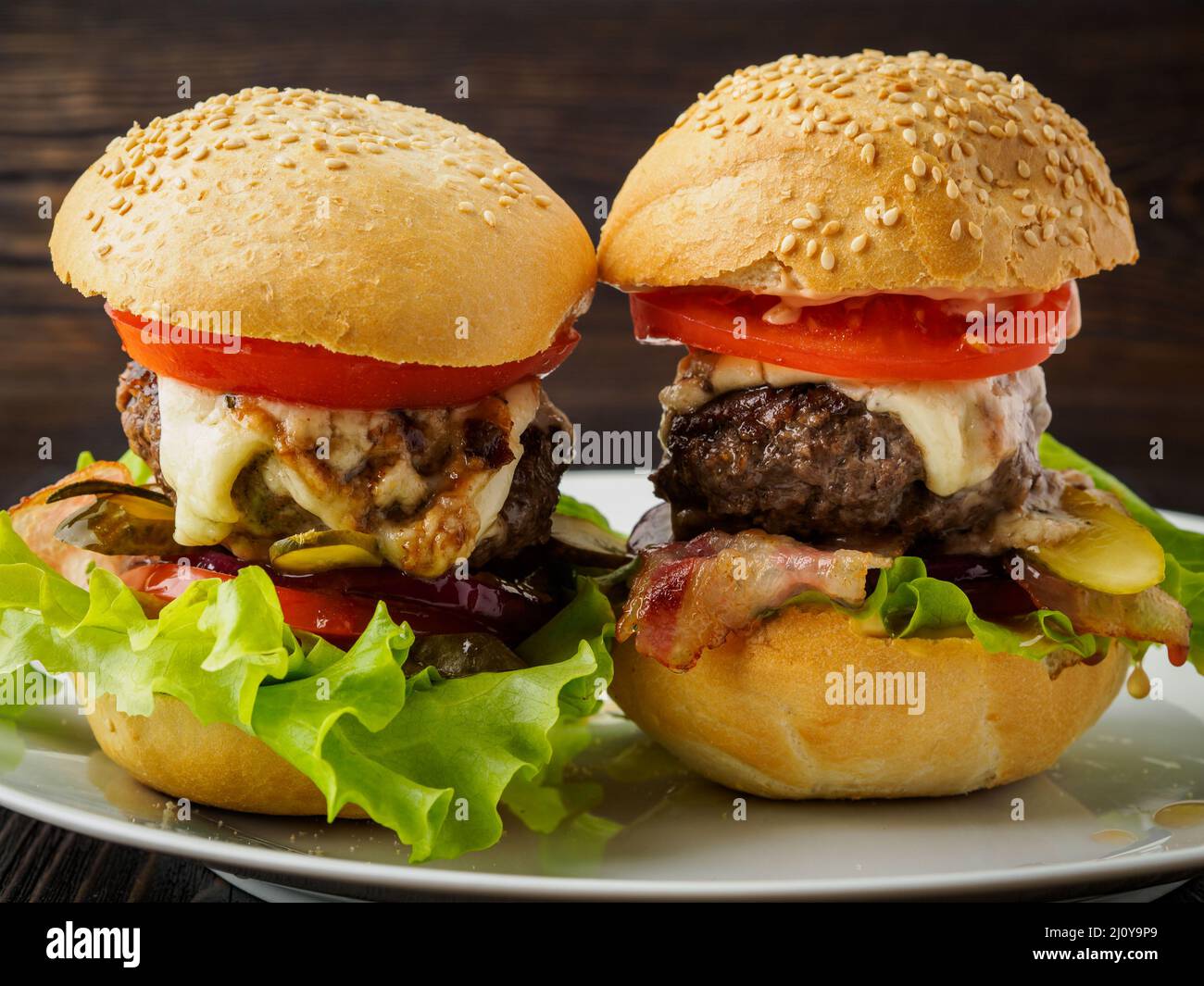 Two delicious homemade hamburgers with beef cutlet, cheese, onion ...