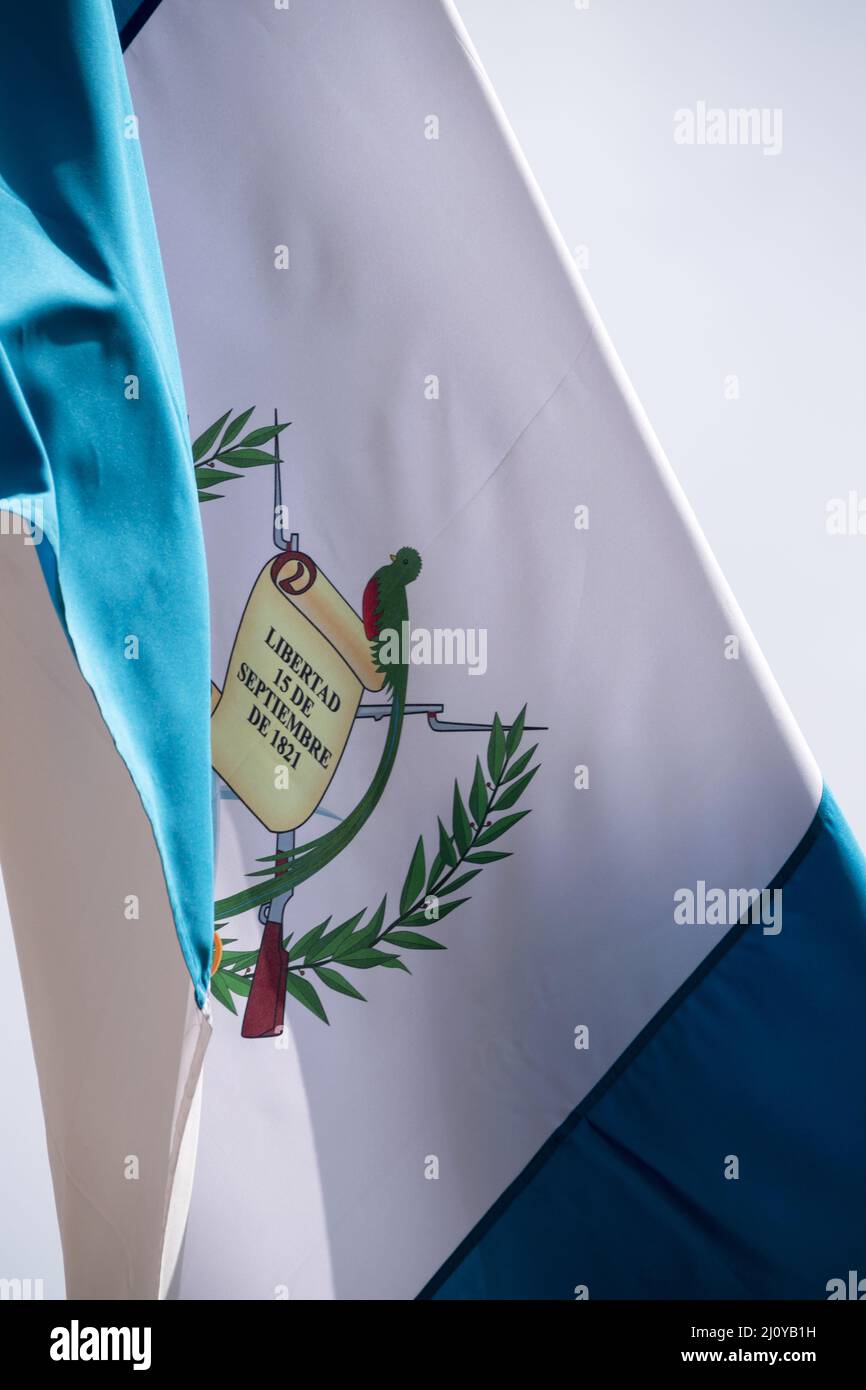National flag of Guatemala, coat of arms, Quetzal and details in ...
