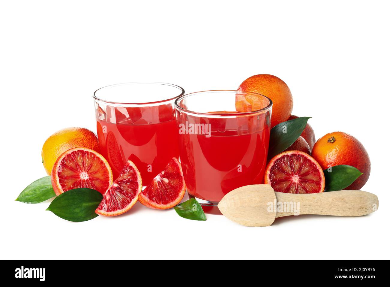 Red orange juice and ingredients isolated on white background Stock ...