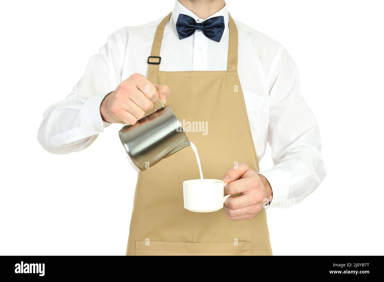 Waiter pour milk, isolated on white background Stock Photo - Alamy