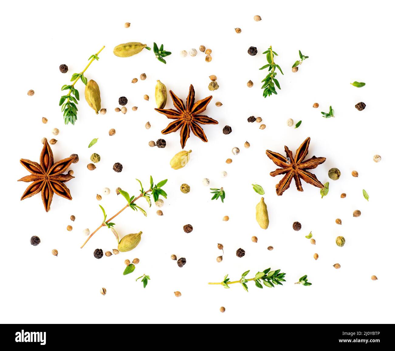 Set of spices on white background, top view. aromatic seasonings with ...