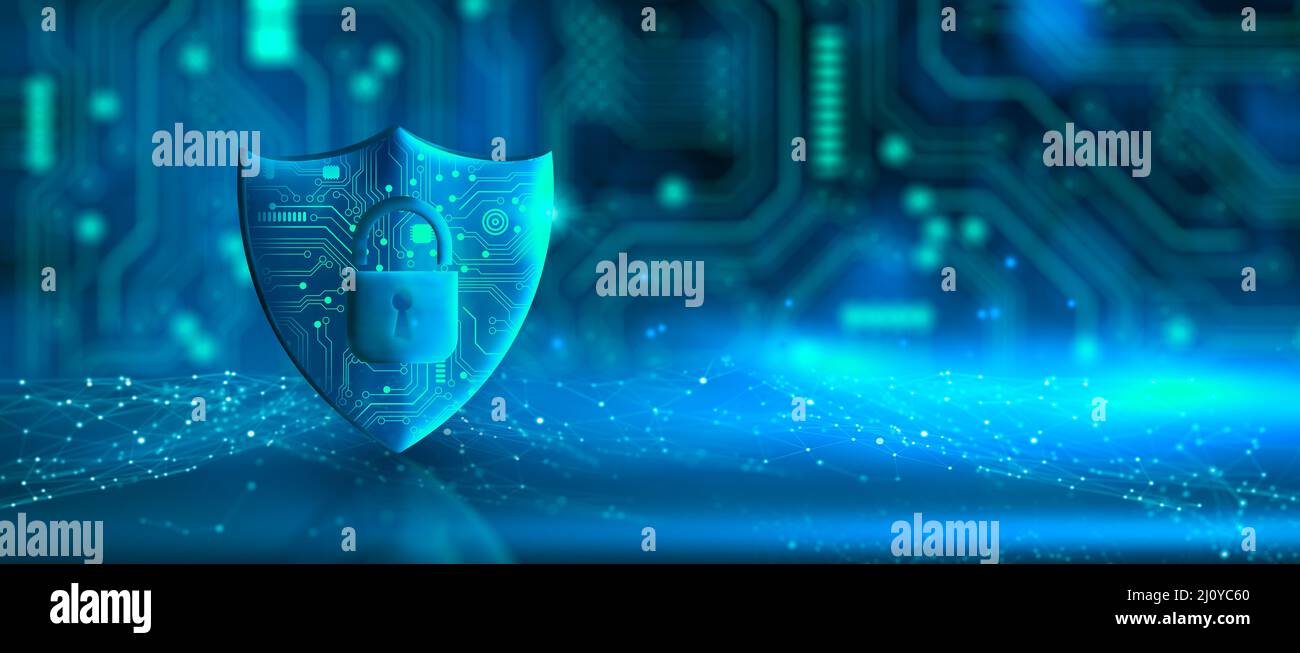 Shield With Padlock Icon On Circuit Board And Network Wireframe With