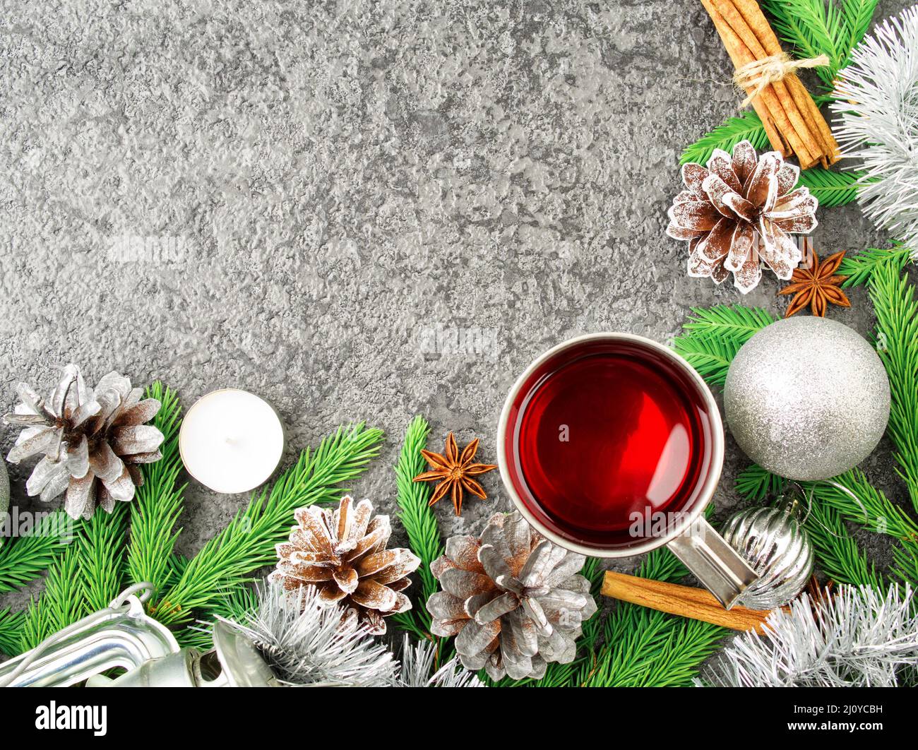 Christmas and Happy New Year background with tea. Top view, copy space ...