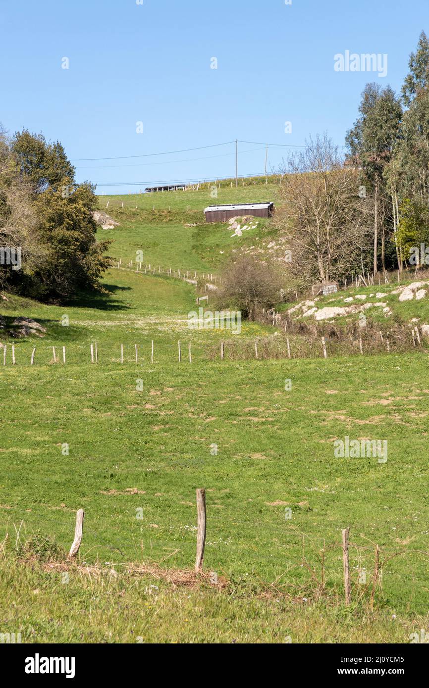 basque country hill with green meadows and a cabin Stock Photo - Alamy