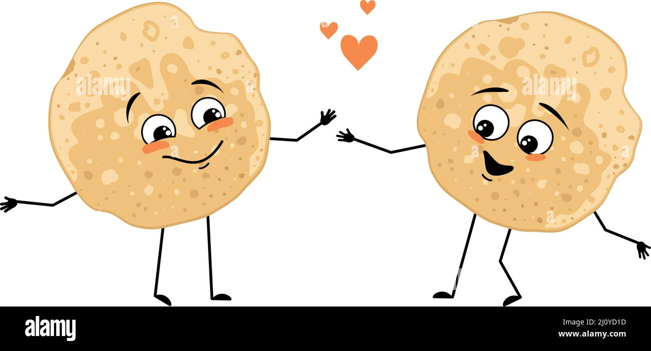 Pancake character with love emotions, smile face, arms and legs. Baking ...