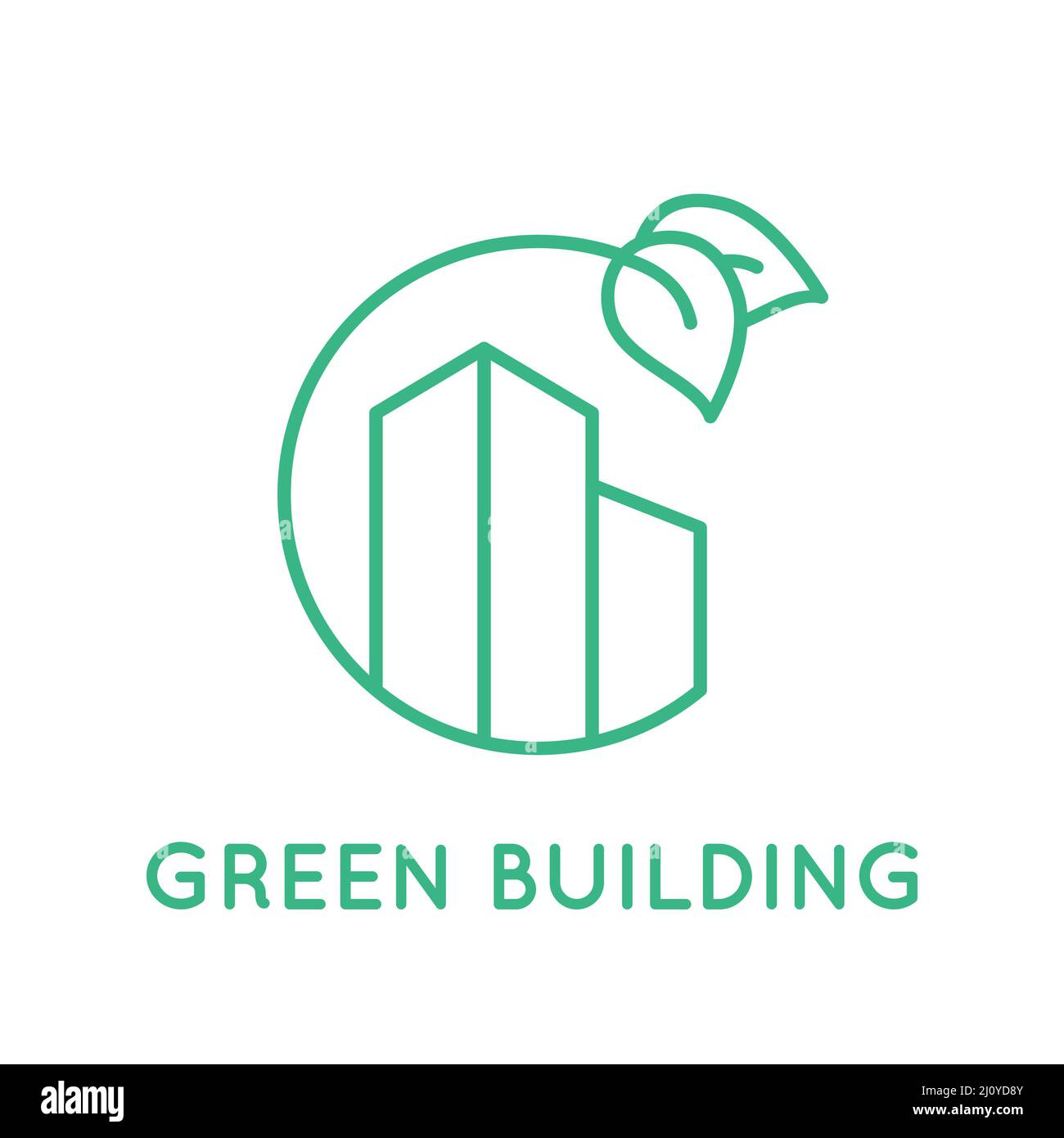 Green building line icon. Residential building inside circle with ...