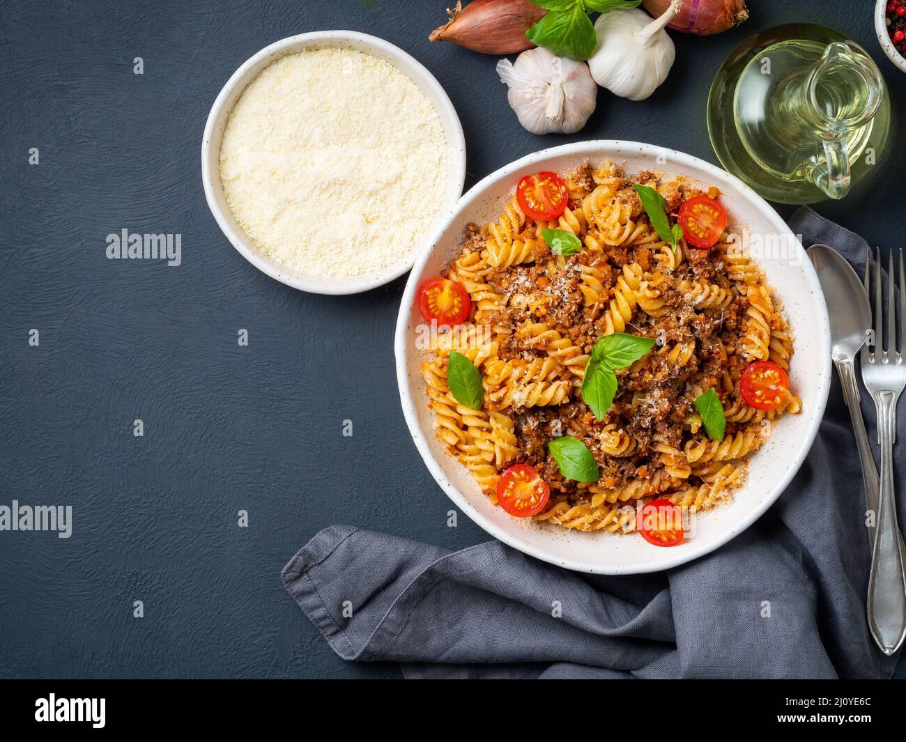 Bolognese pasta. Fusilli with tomato sauce, ground minced beef Stock ...