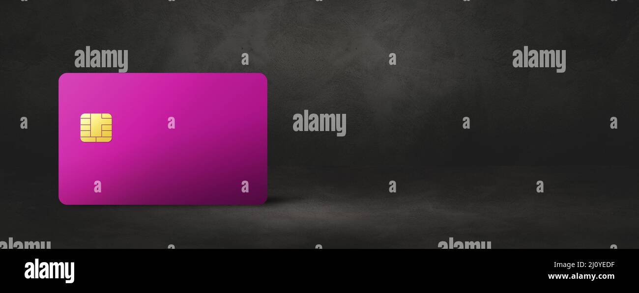 Pink credit card template on a black concrete background banner. 3D ...