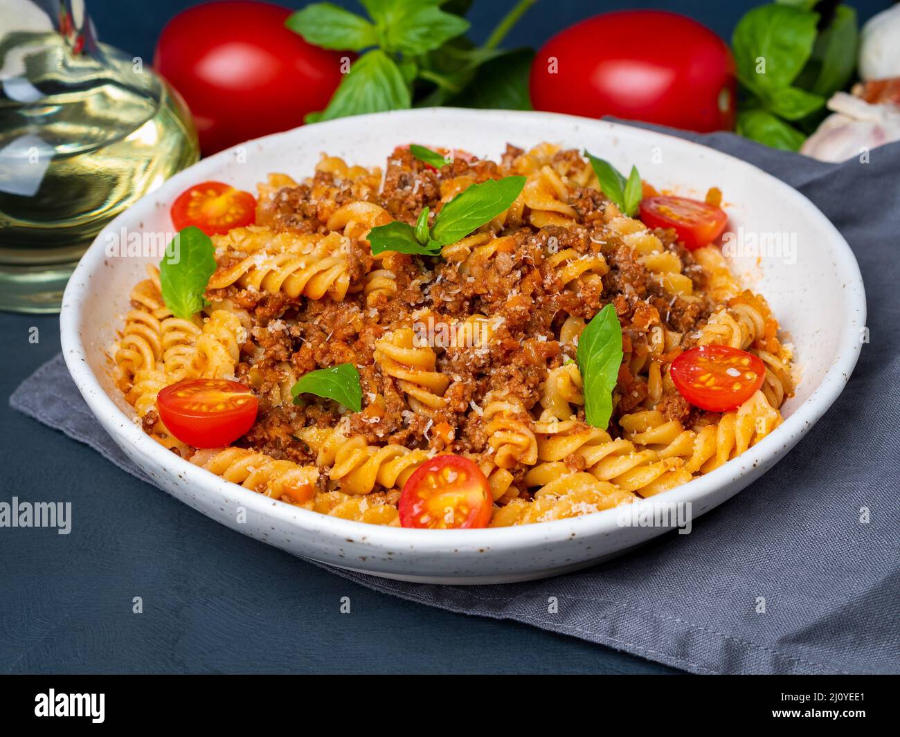 Bolognese pasta. Fusilli with tomato sauce, ground minced beef Stock ...