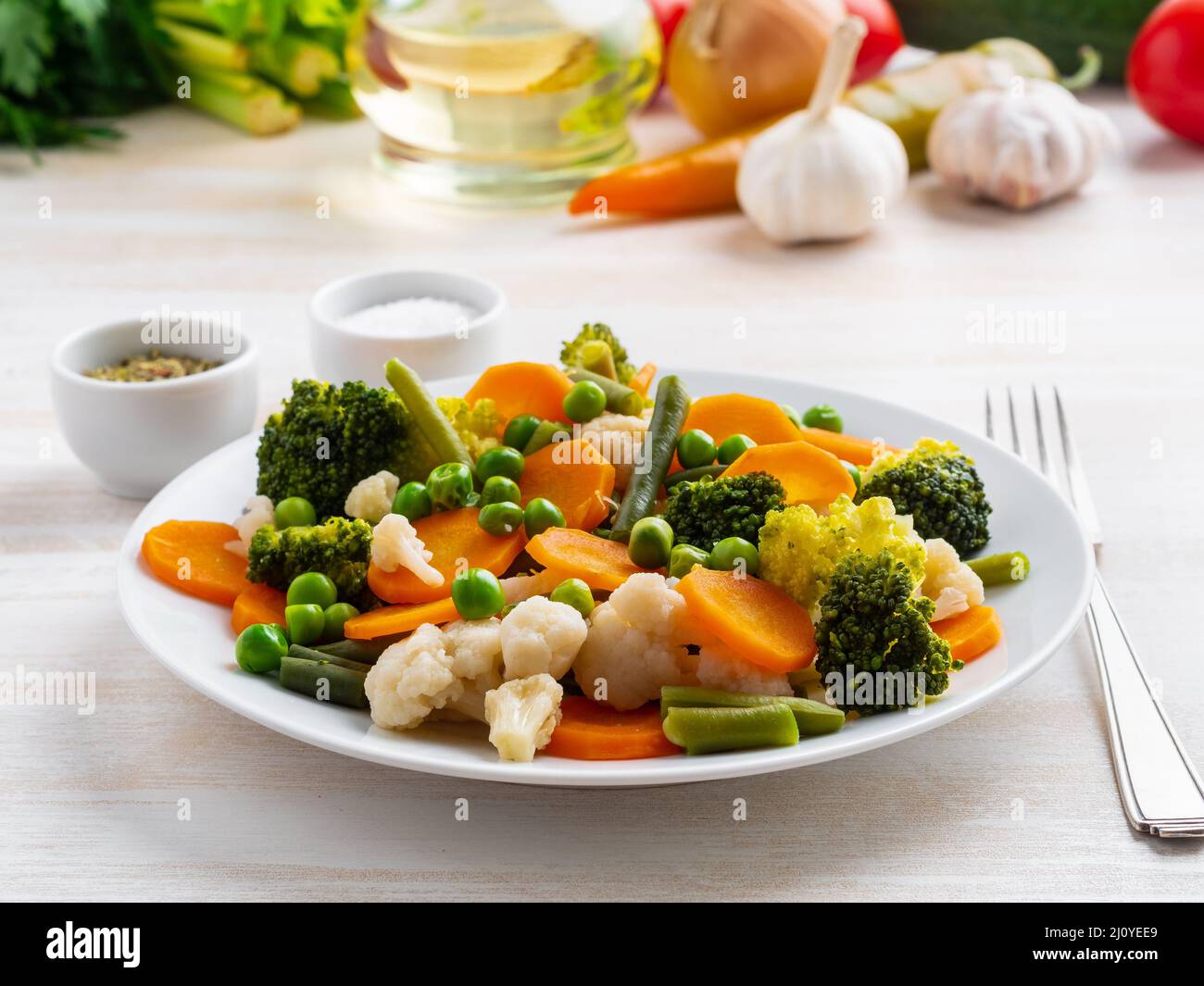 Mix of boiled vegetables, steam vegetables for dietary low-calorie diet ...