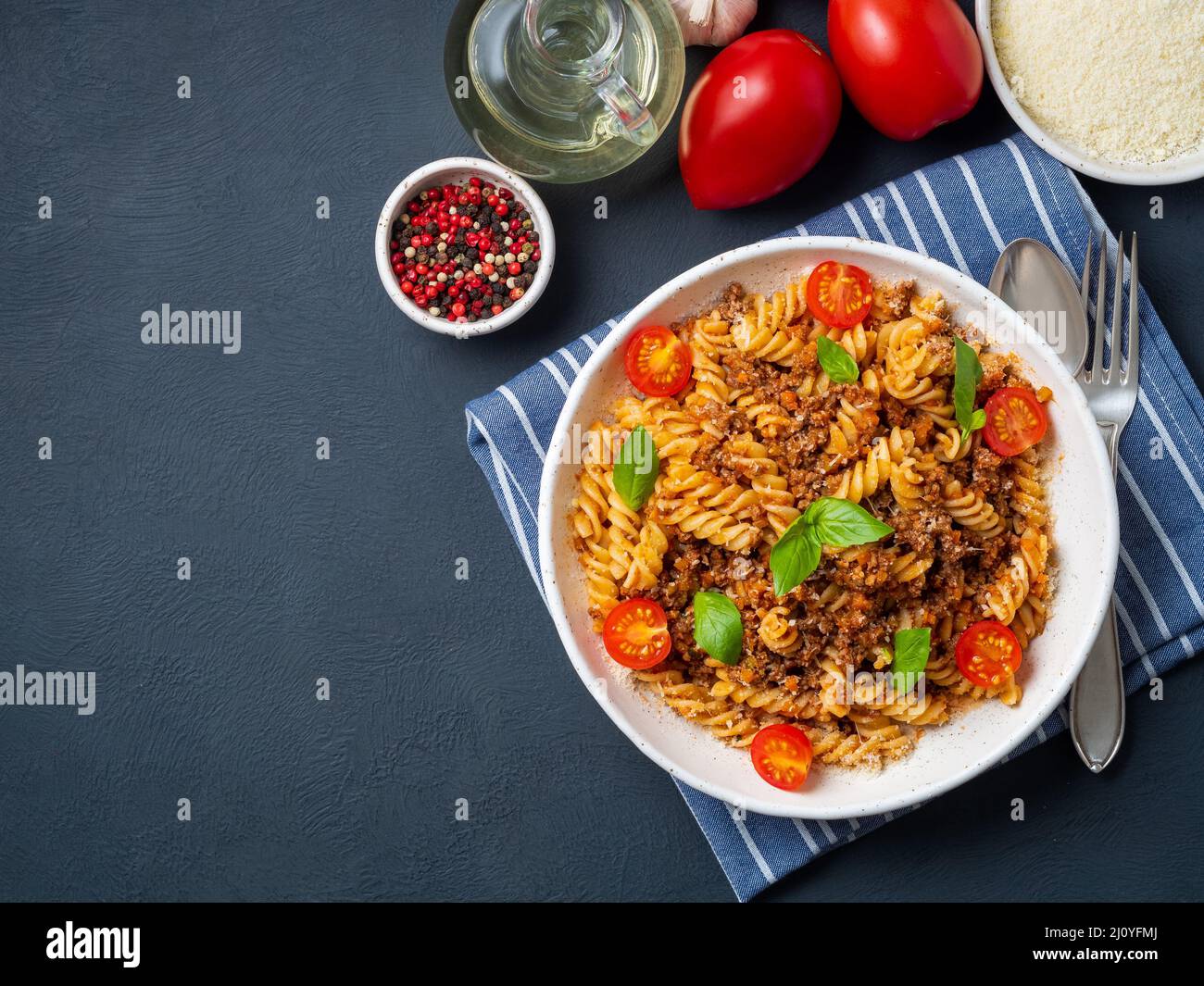 Bolognese pasta. Fusilli with tomato sauce, ground minced beef Stock ...