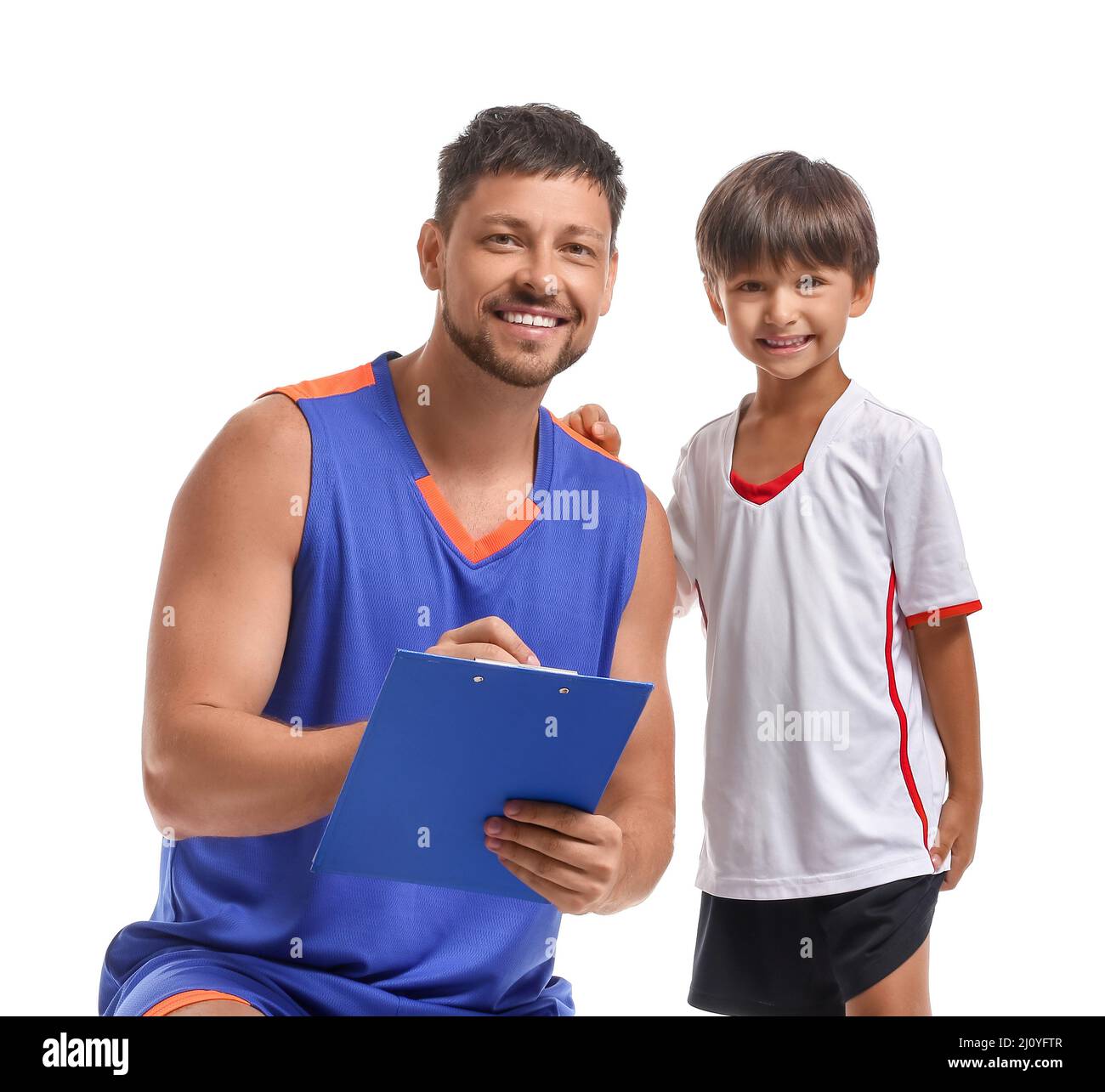 Basketball player writing in clipboard and his little trainee on white ...