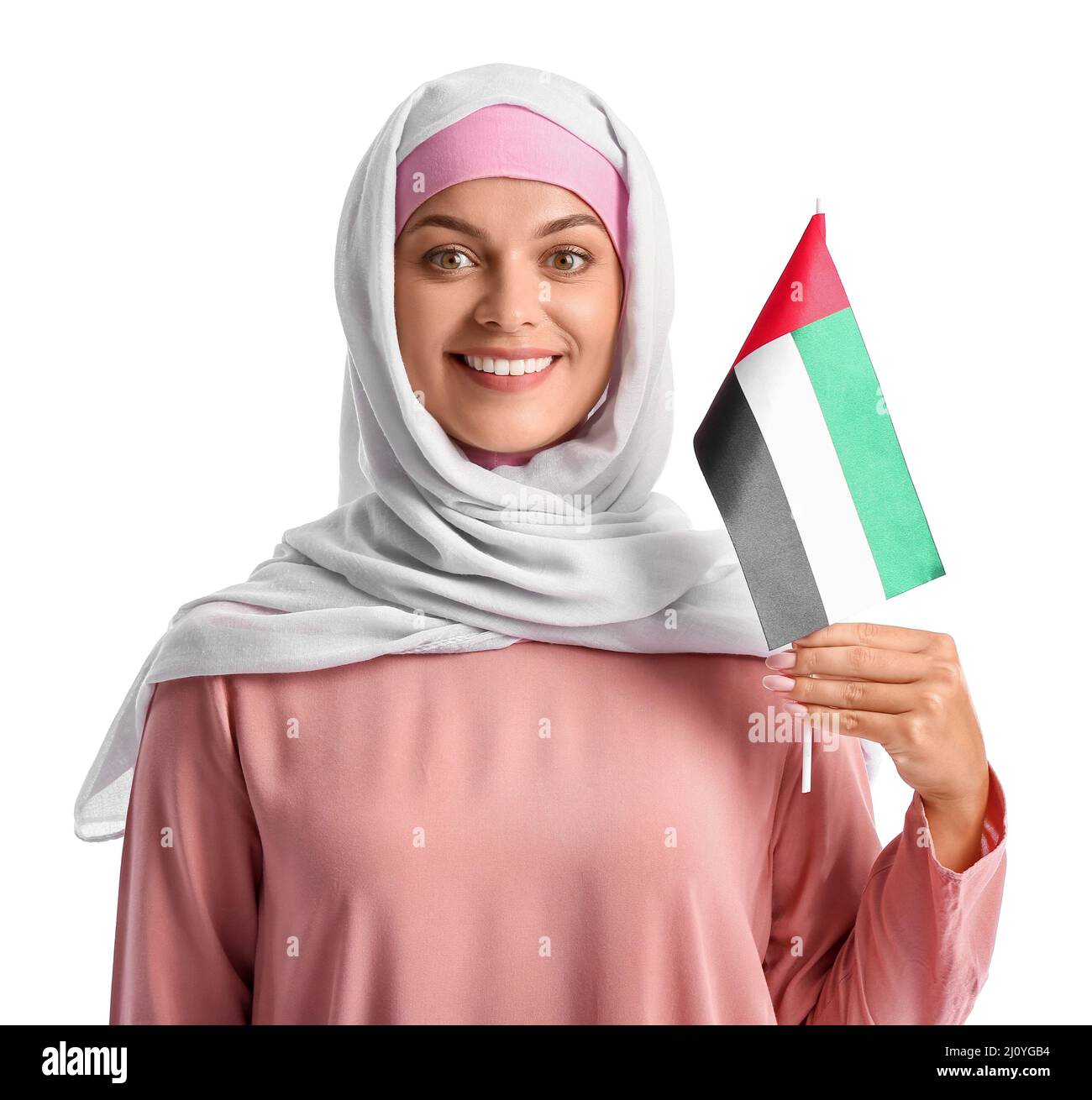 Young woman in traditional clothes and with the national flag of UAE on ...