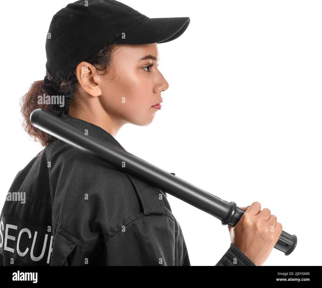 African-American female security guard with baton on white background ...