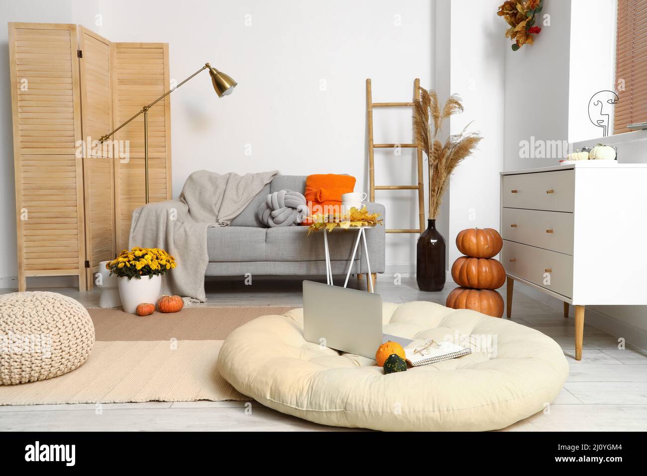 Interior of beautiful living room with autumn decor Stock Photo - Alamy