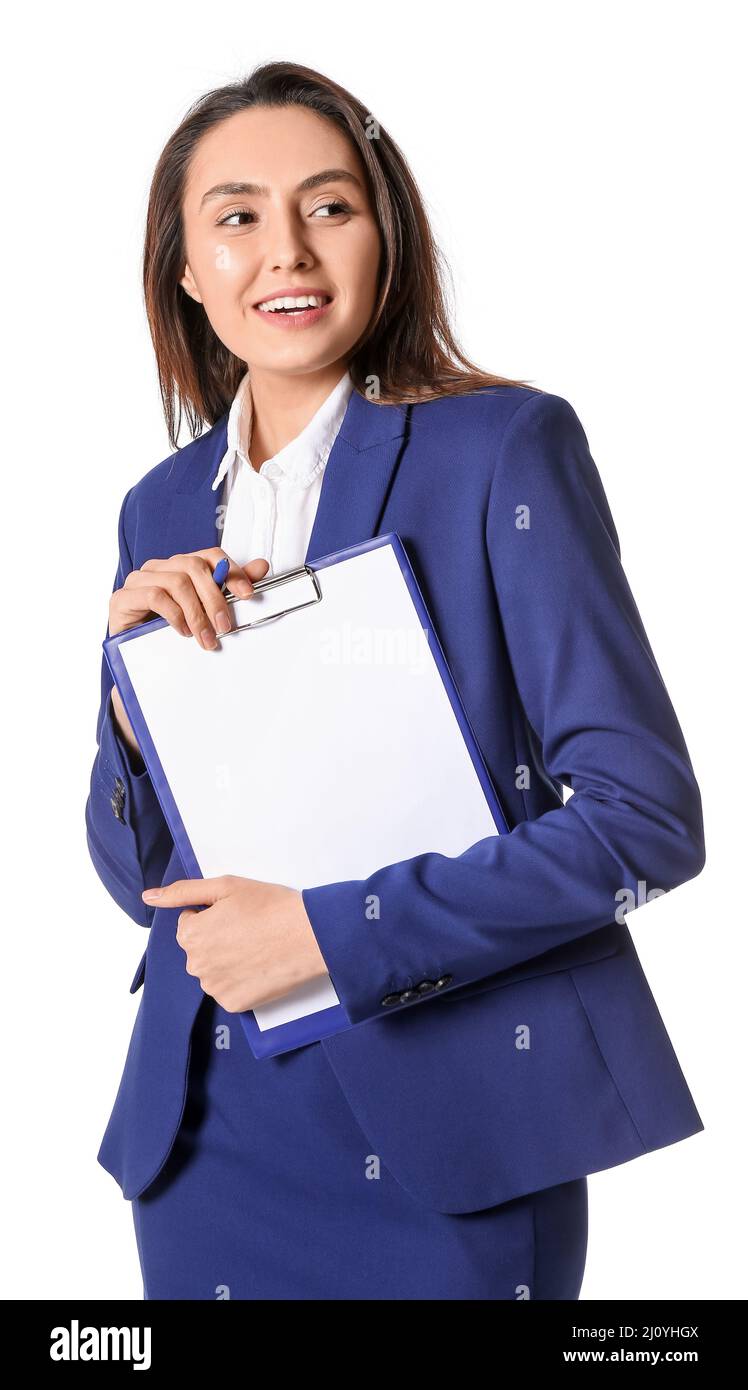 Portrait of young secretary with clipboard isolated on white Stock ...