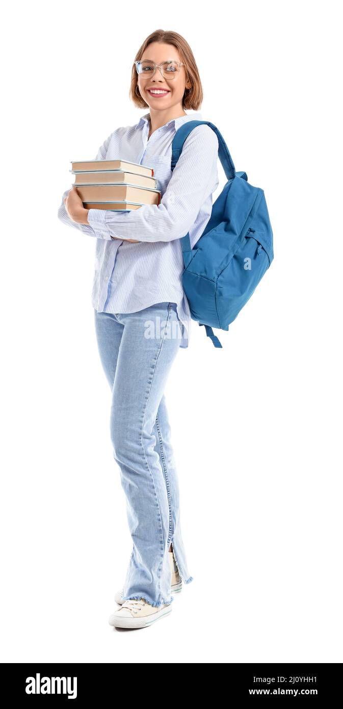 Female student with books isolated on white Stock Photo - Alamy