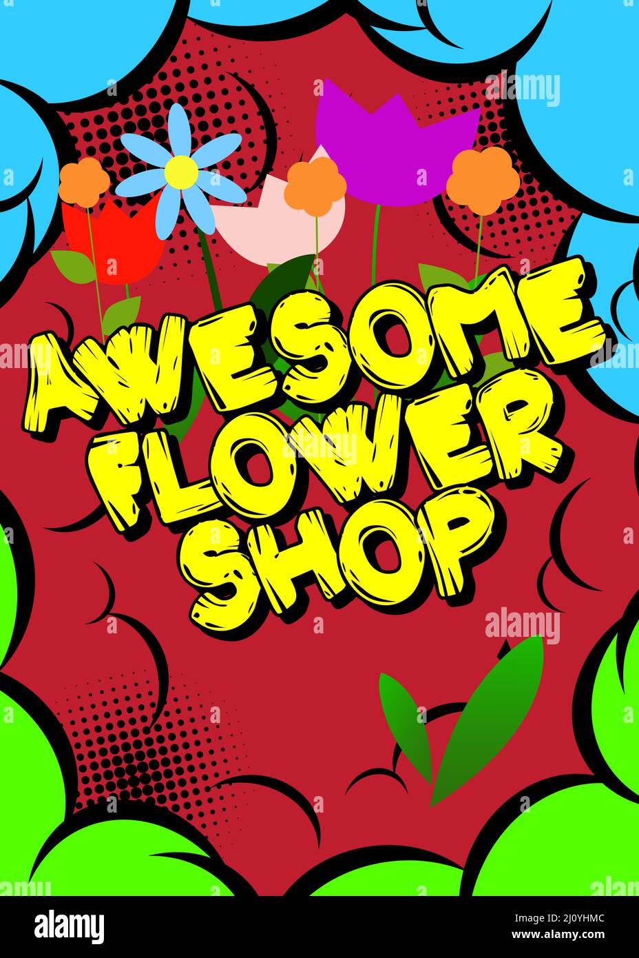 Awesome Flower Shop. Comic book word text on abstract comics background ...