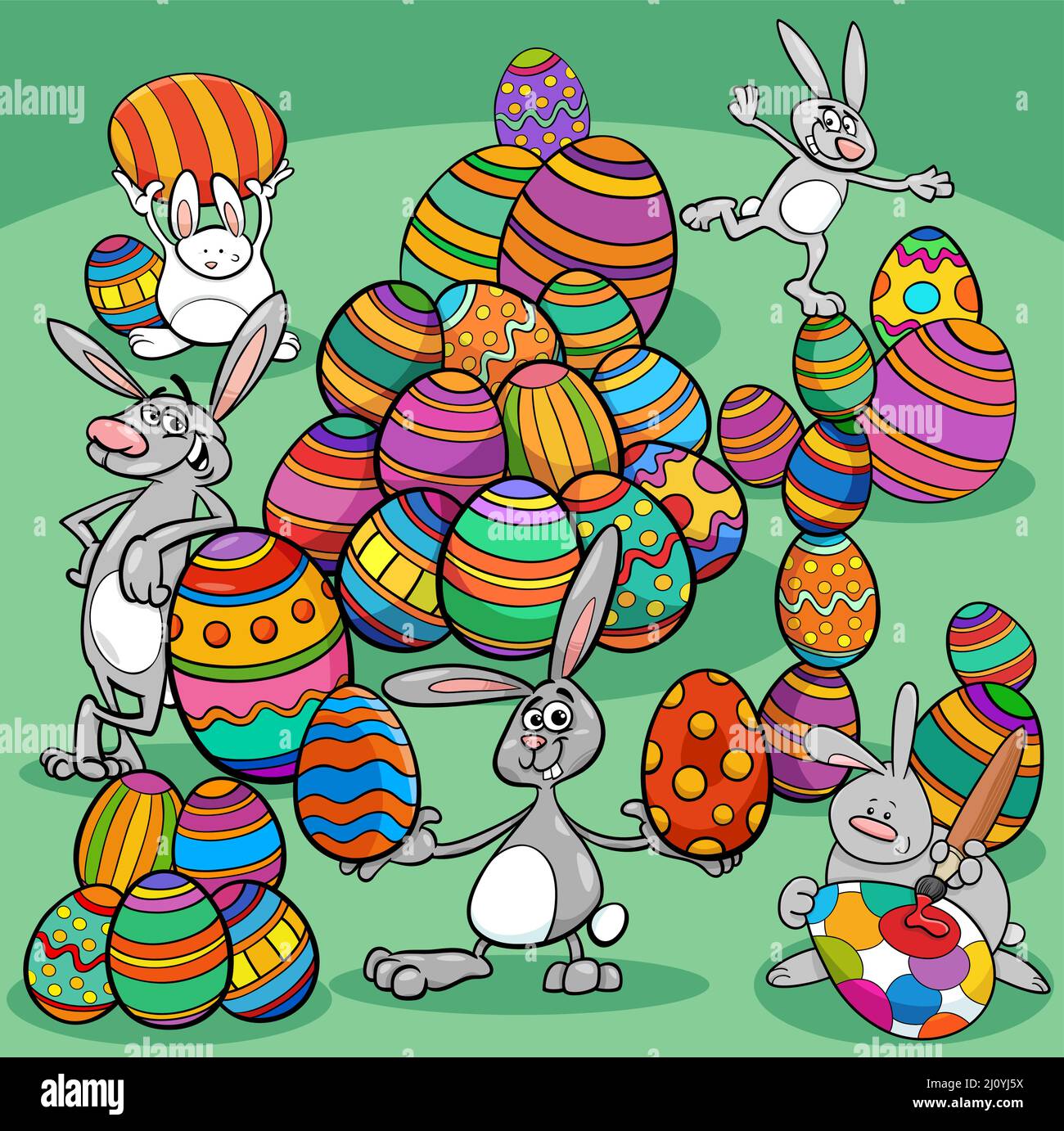 Cartoon illustration of happy Easter bunny characters with Easter eggs ...