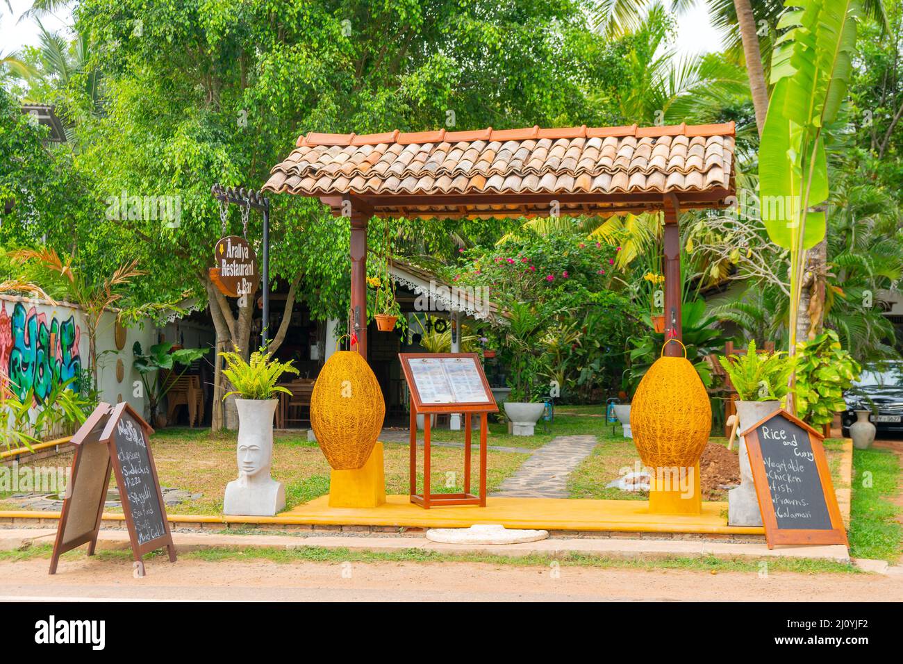 Mirissa, Sri Lanka. March 10, 2018. Entrance to the summer restaurant ...