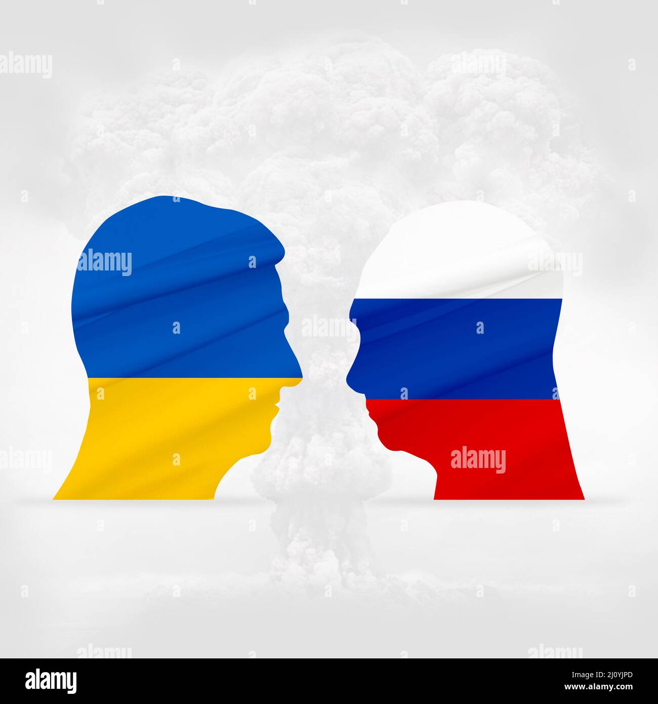 Contemporary art collage. Male heads covered with ukrainian and russian ...