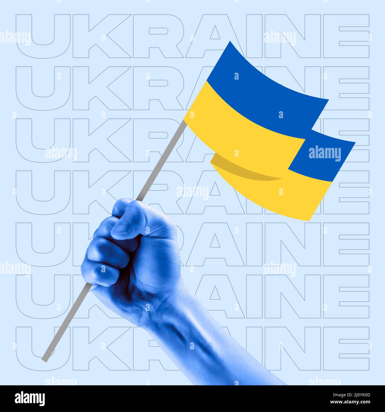 Contemporary art collage. Male strong hand holding ukrainian flag ...