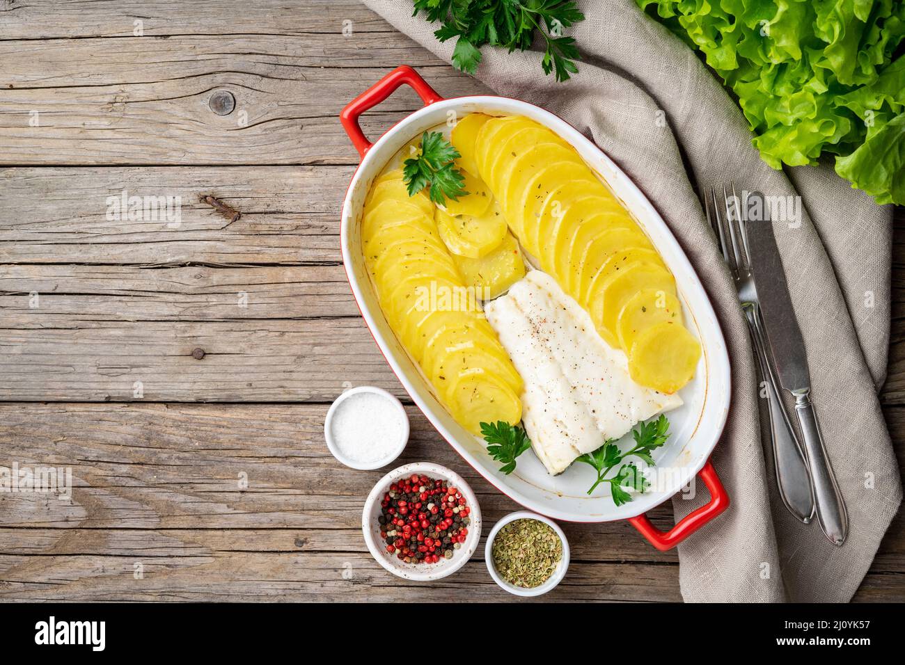 Fish cod baked in oven with potatoes and spice - healthy diet food ...
