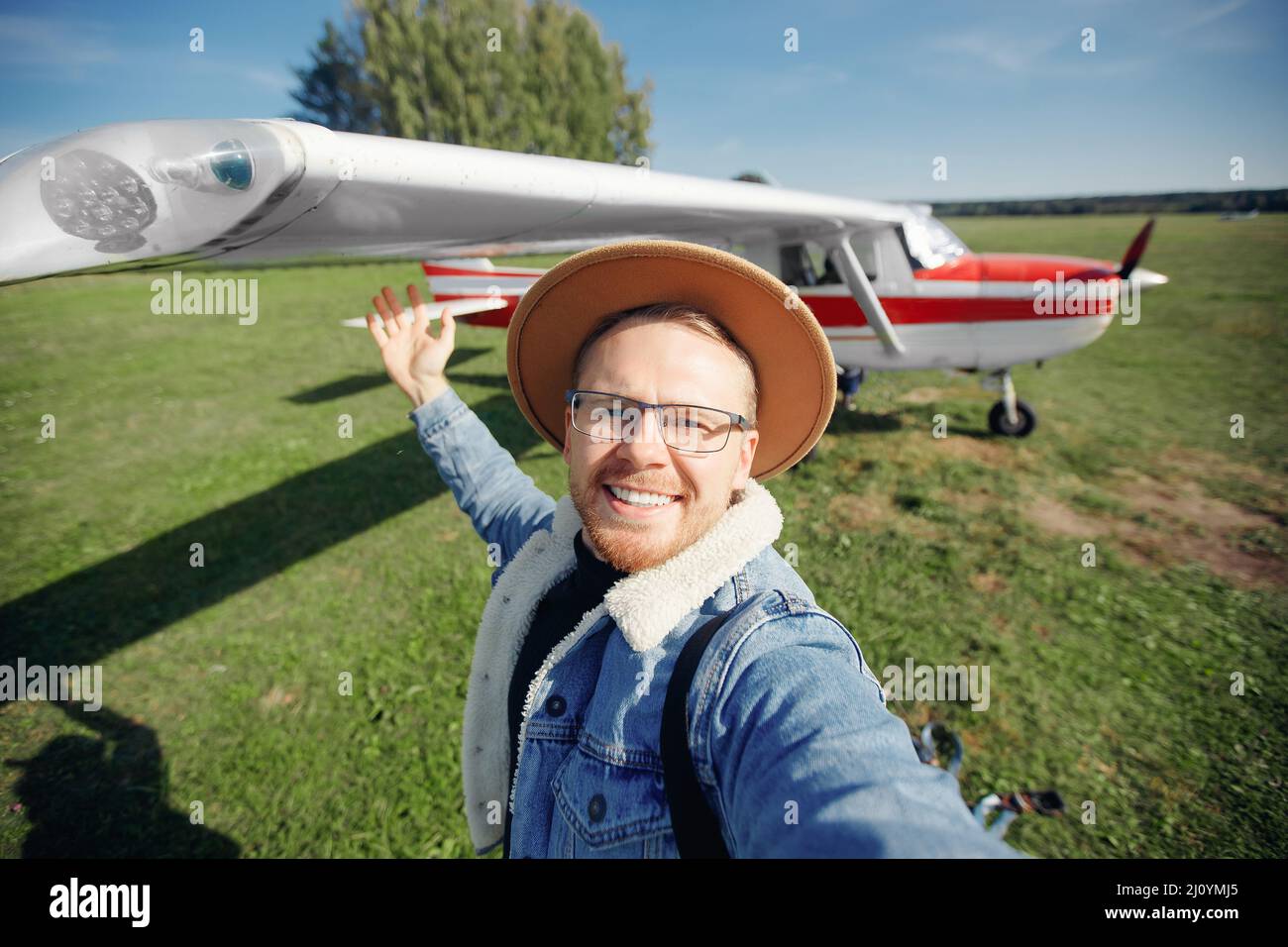 Concept training private aviation. Selfie photo happy man pilot ...