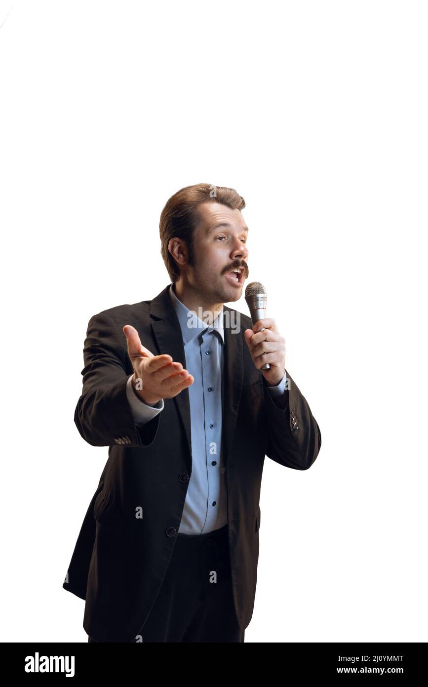 Emotive young man, professional sport commentator, journalist with ...