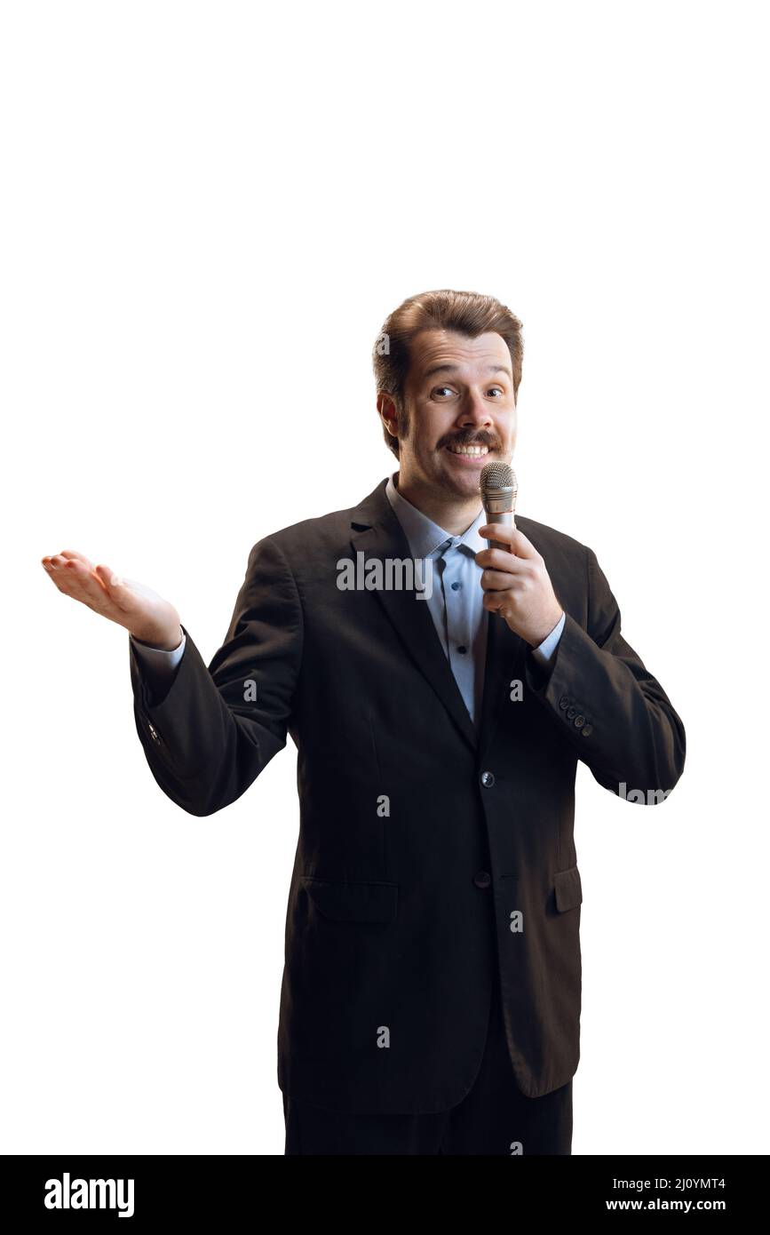 Emotive young man, professional sport commentator, journalist with ...