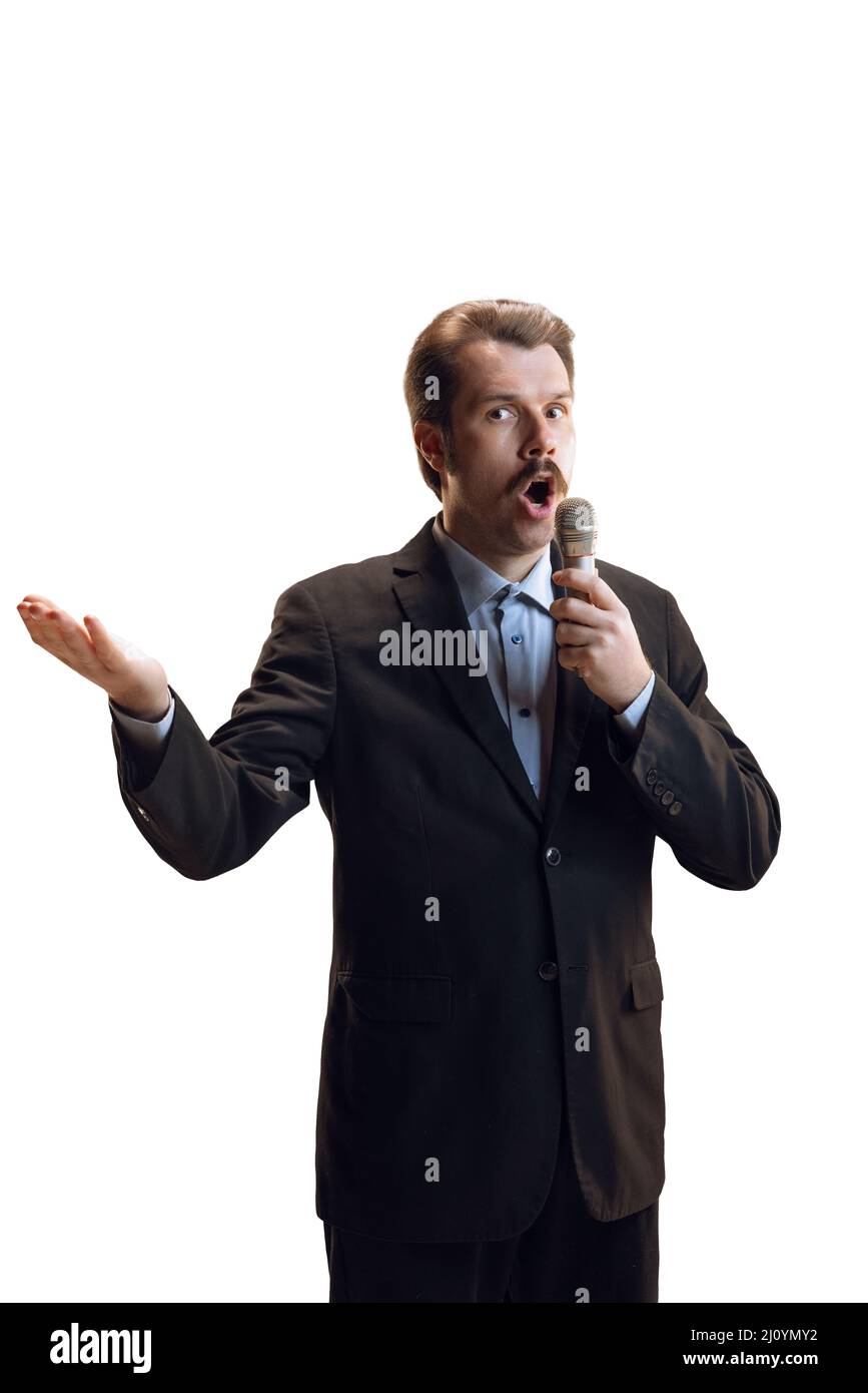 Emotive young man, professional sport commentator, journalist with ...