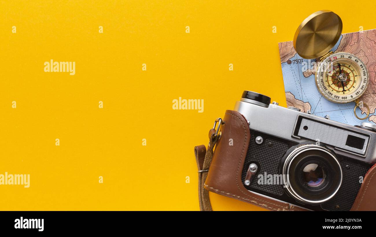 Flat lay camera compass frame. High quality photo Stock Photo - Alamy