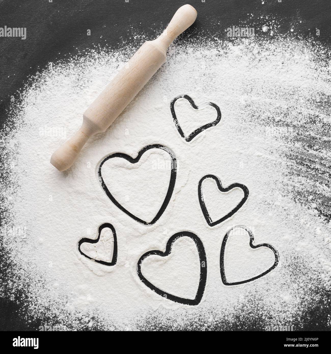 Flat lay heart shapes flour with rolling pin. High quality photo Stock ...
