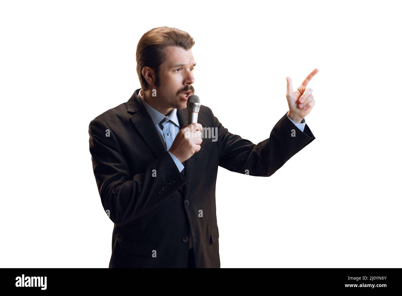 Emotive young man, professional sport commentator, journalist with ...