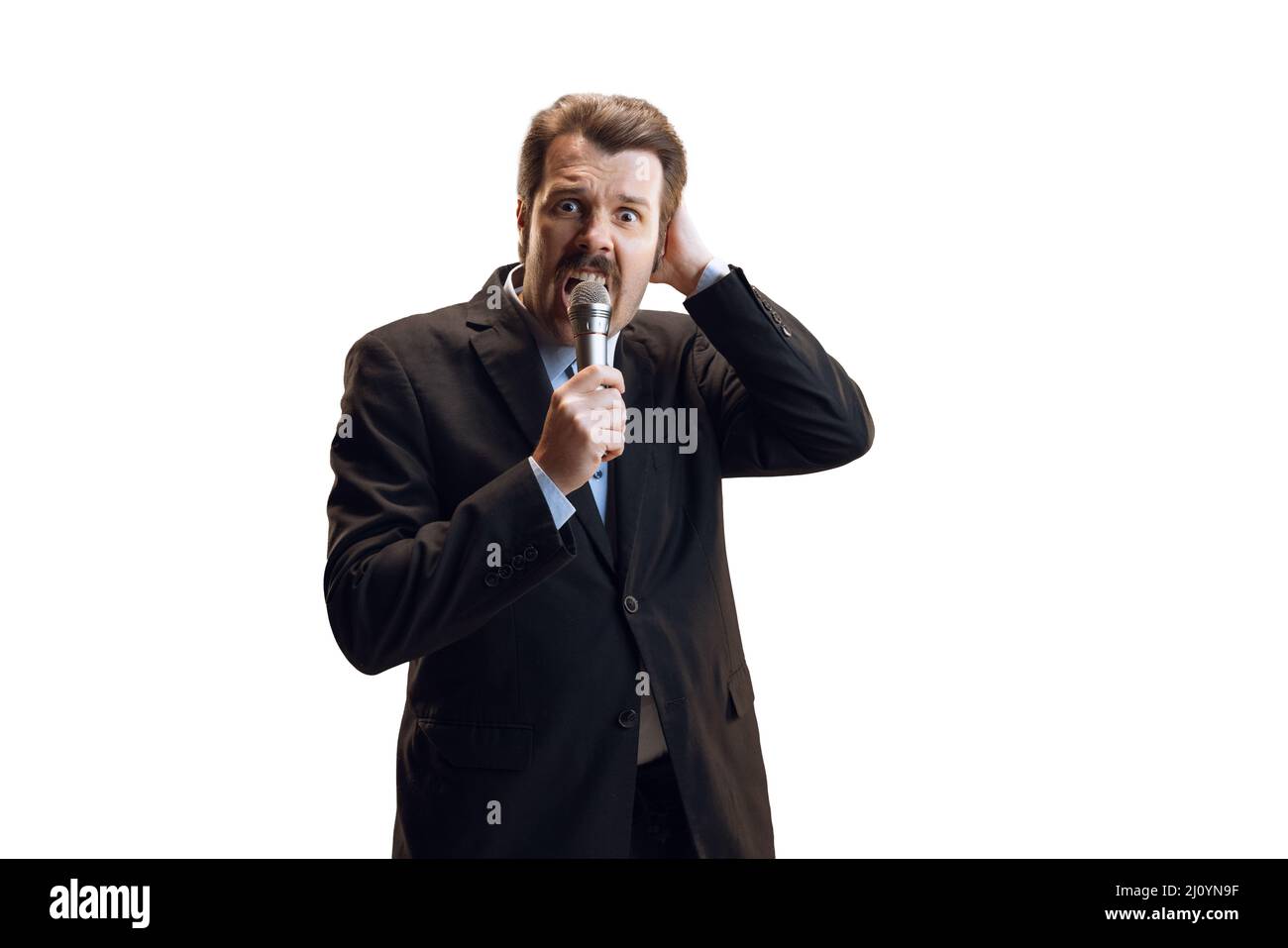 Emotive young man, professional sport commentator, journalist with ...