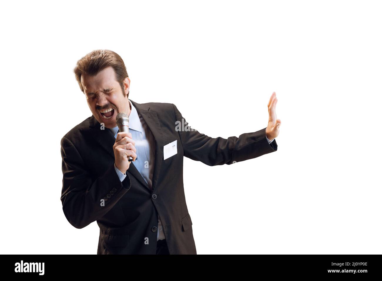 Emotive young man, professional sport commentator, journalist with ...