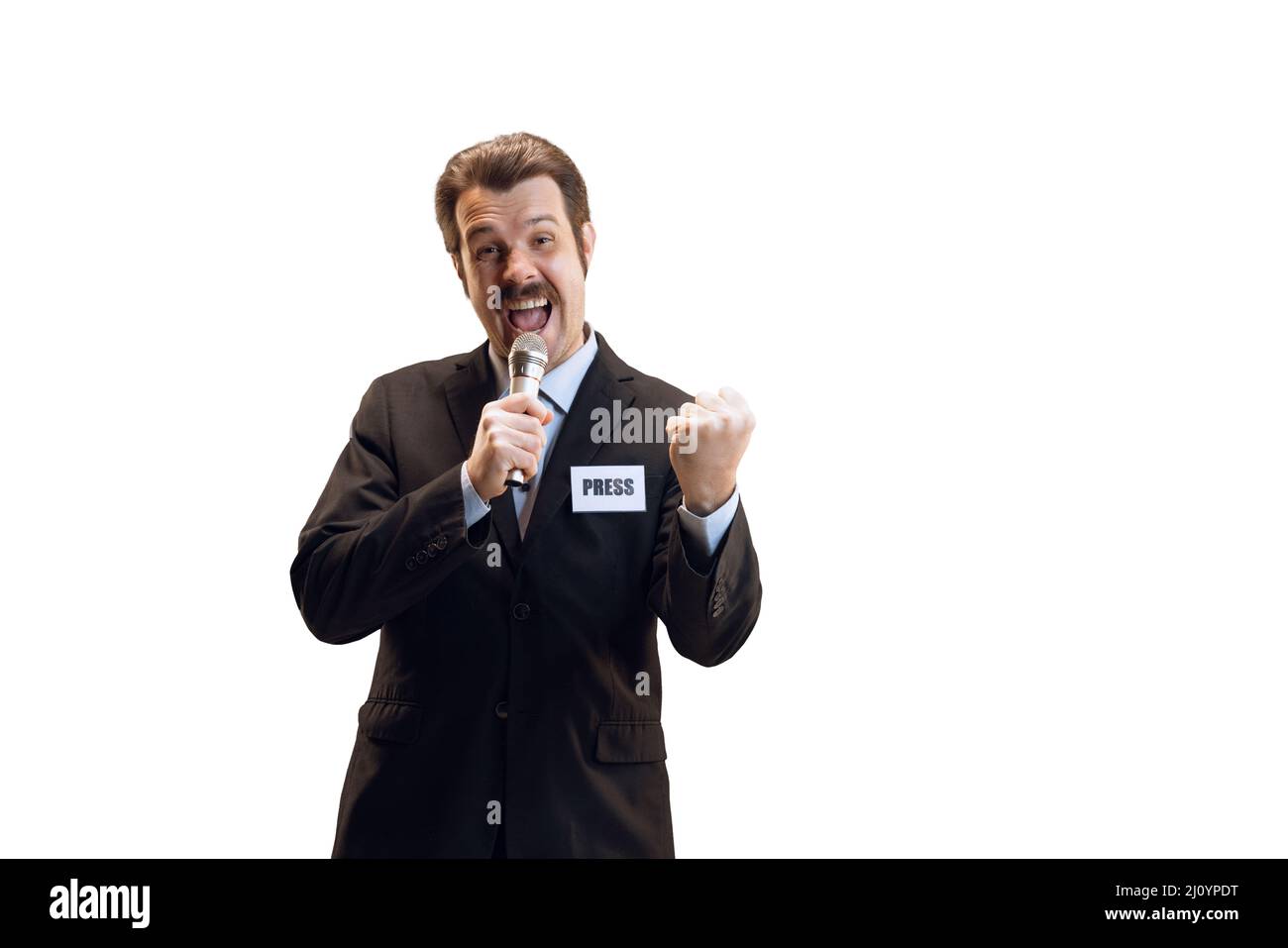 Emotive young man, professional sport commentator, journalist with ...