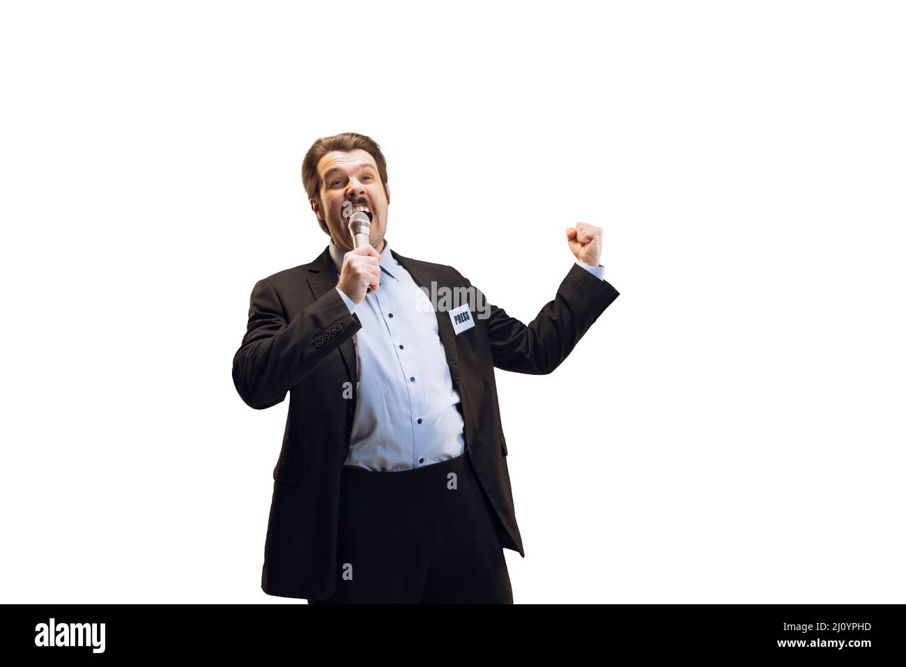 Emotive young man, professional sport commentator, journalist with ...