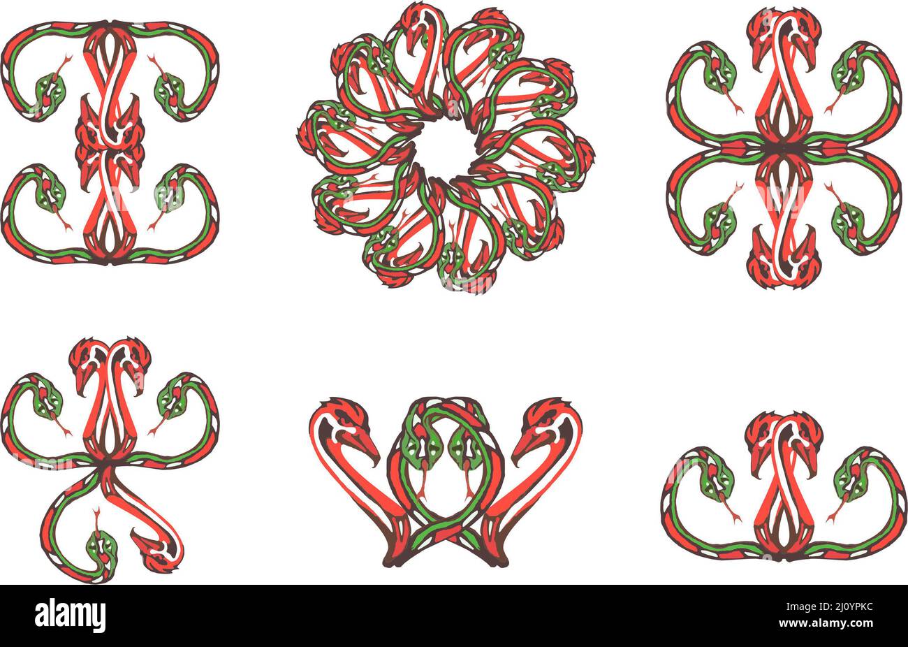 Double snake-eagle symbols in red-green tonality on white. Abstract ...