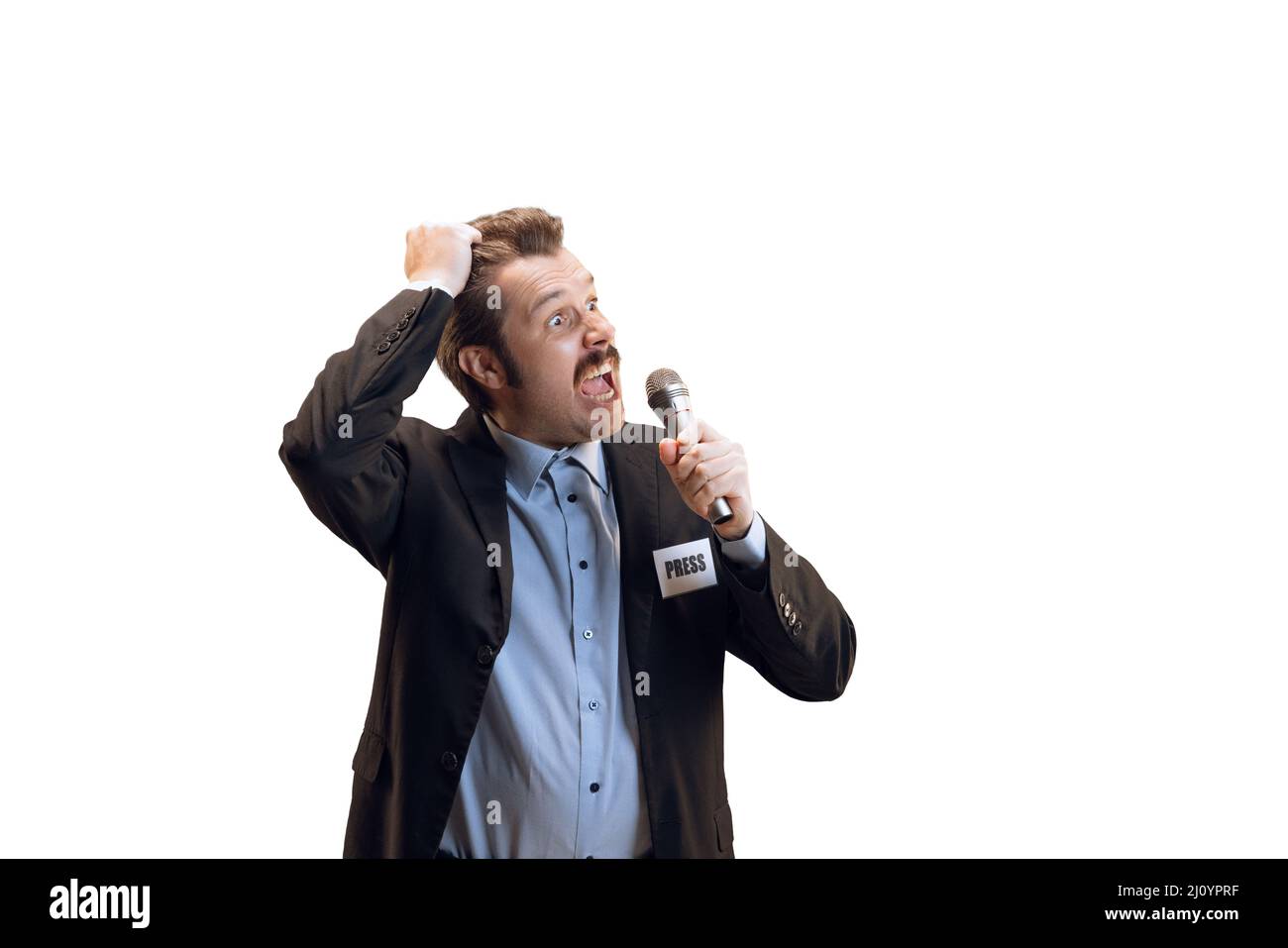 Emotive young man, professional sport commentator, journalist with ...