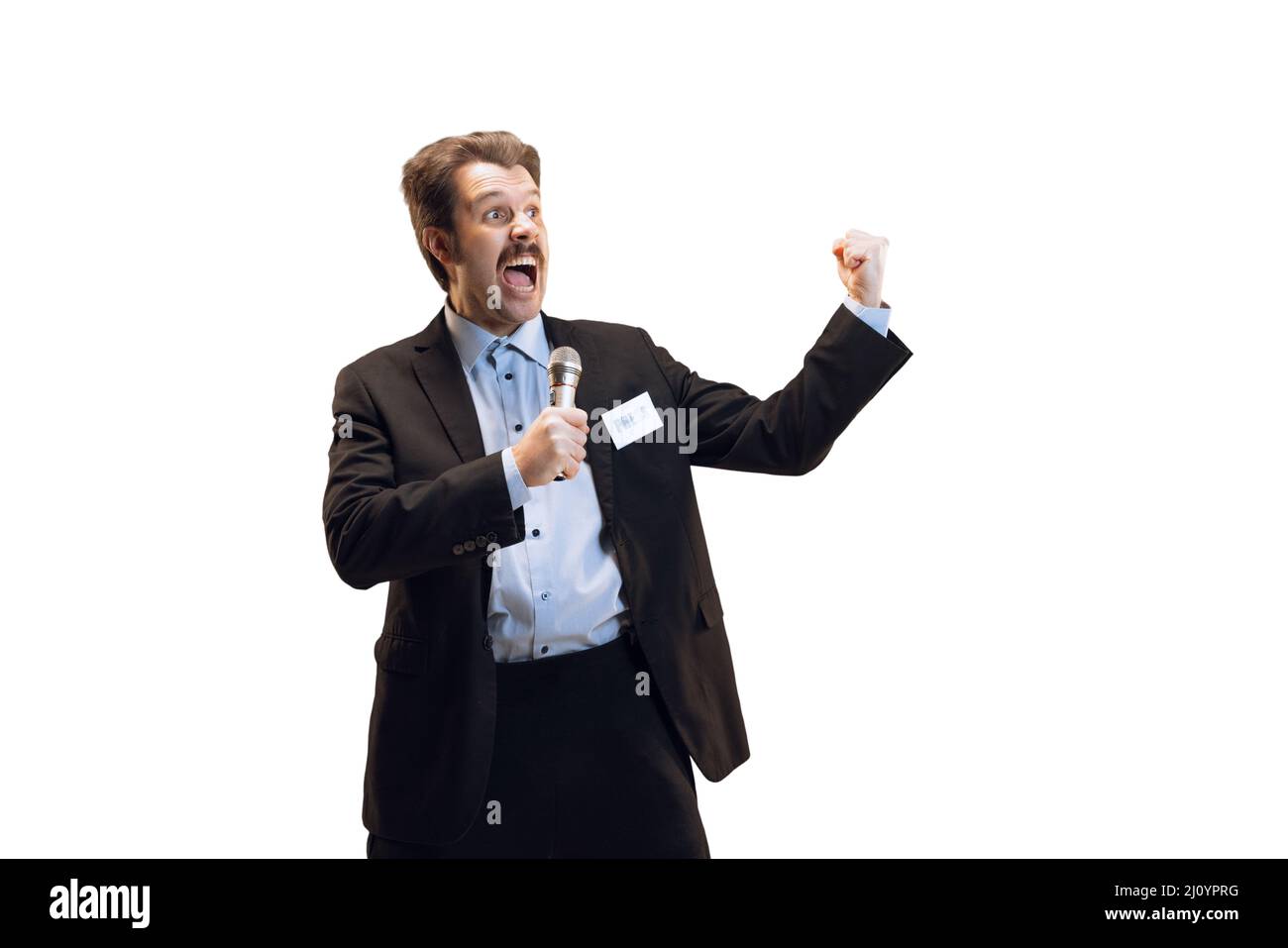 Emotive young man, professional sport commentator, journalist with ...