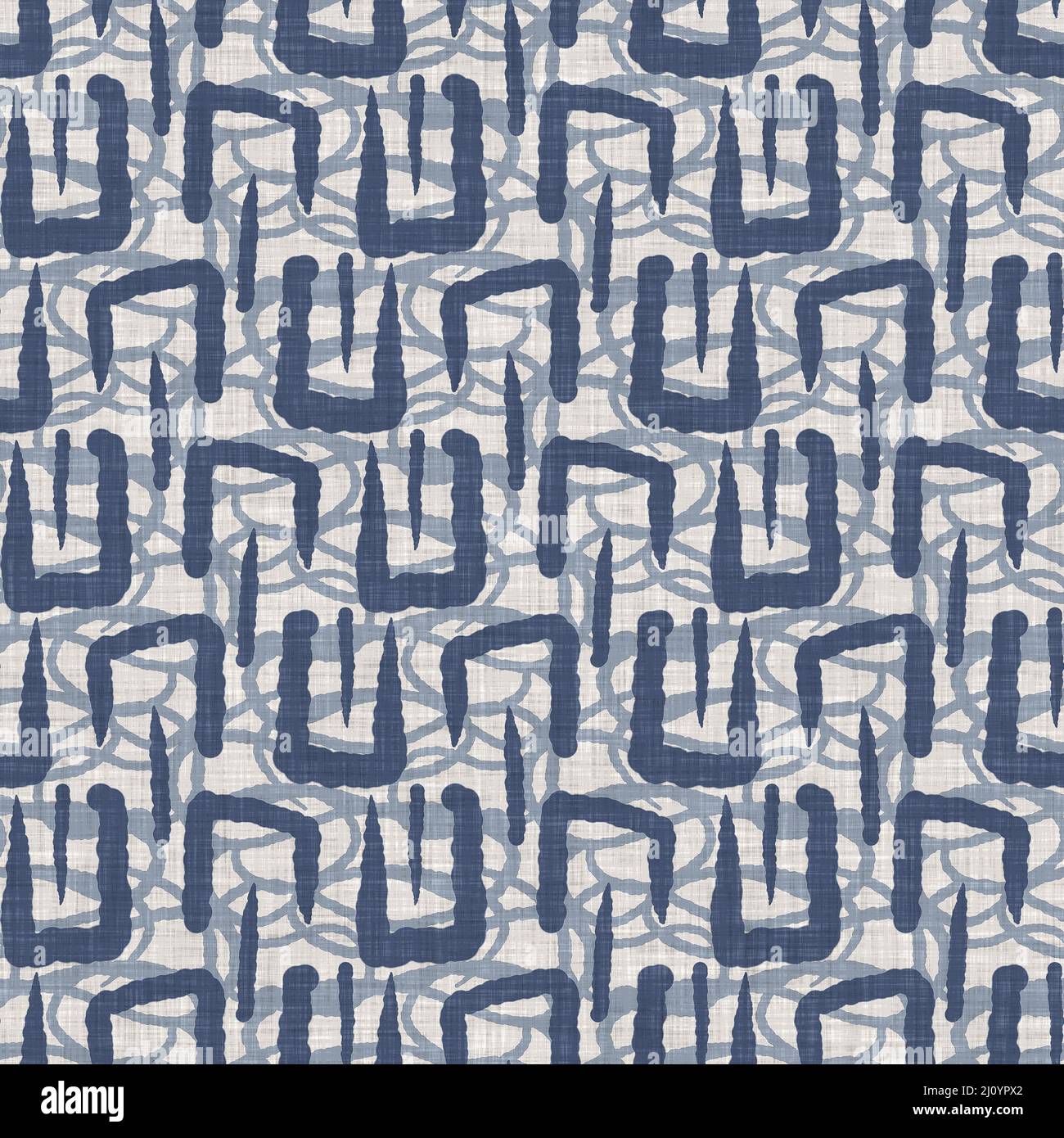 French blue doodle motif linen seamless pattern. Tonal country cottage ...