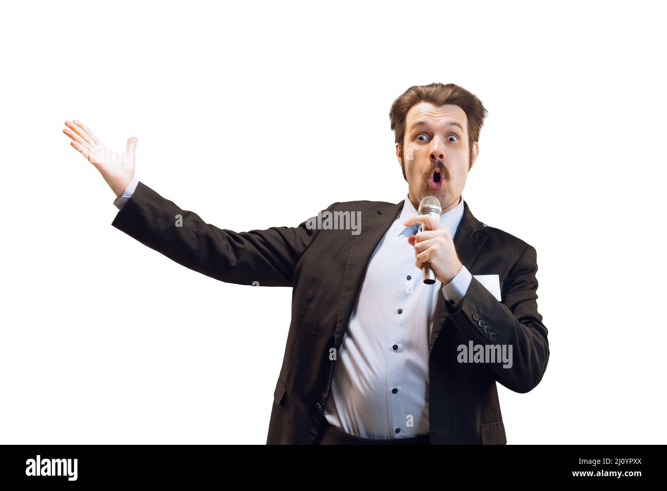 Emotive young man, professional sport commentator, journalist with ...