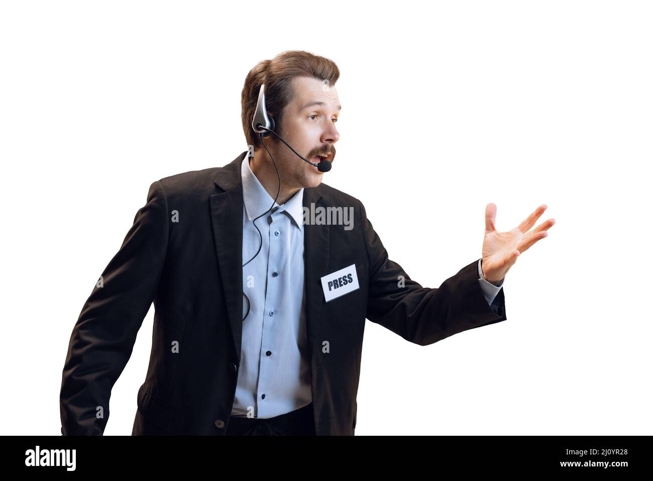 Emotive young man, professional sport commentator, journalist with ...