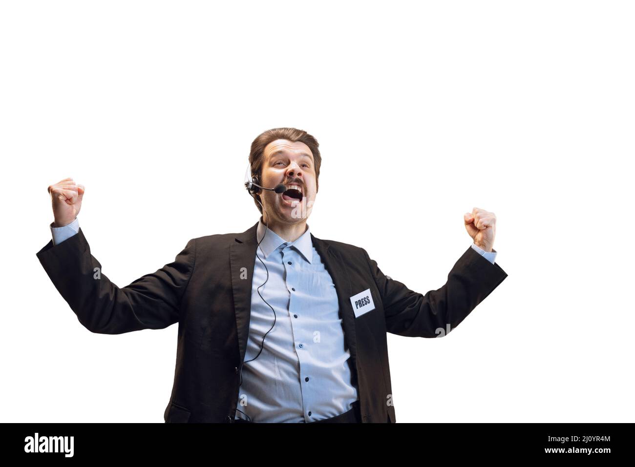 Emotive young man, professional sport commentator, journalist with ...