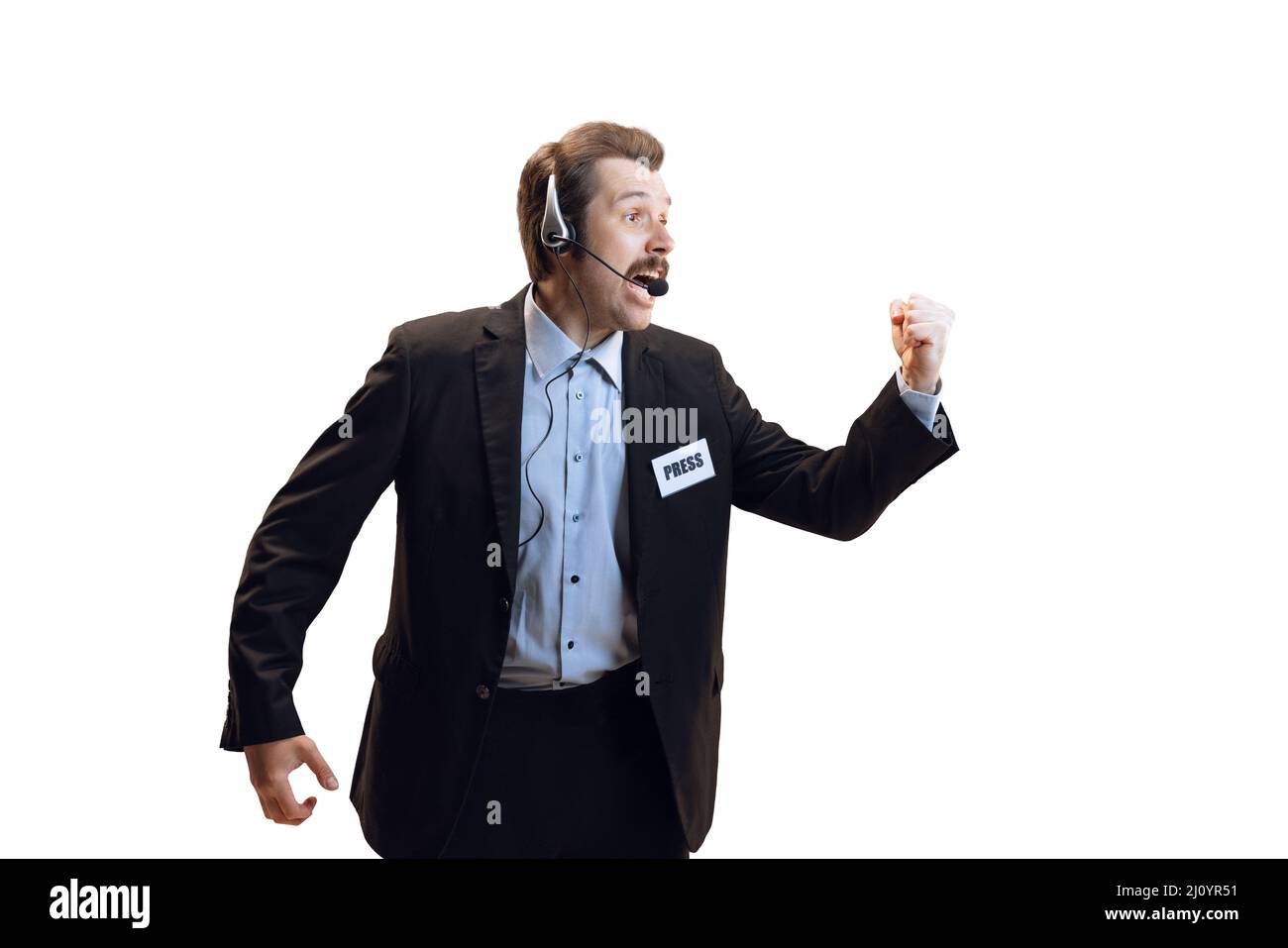 Emotive young man, professional sport commentator, journalist with ...